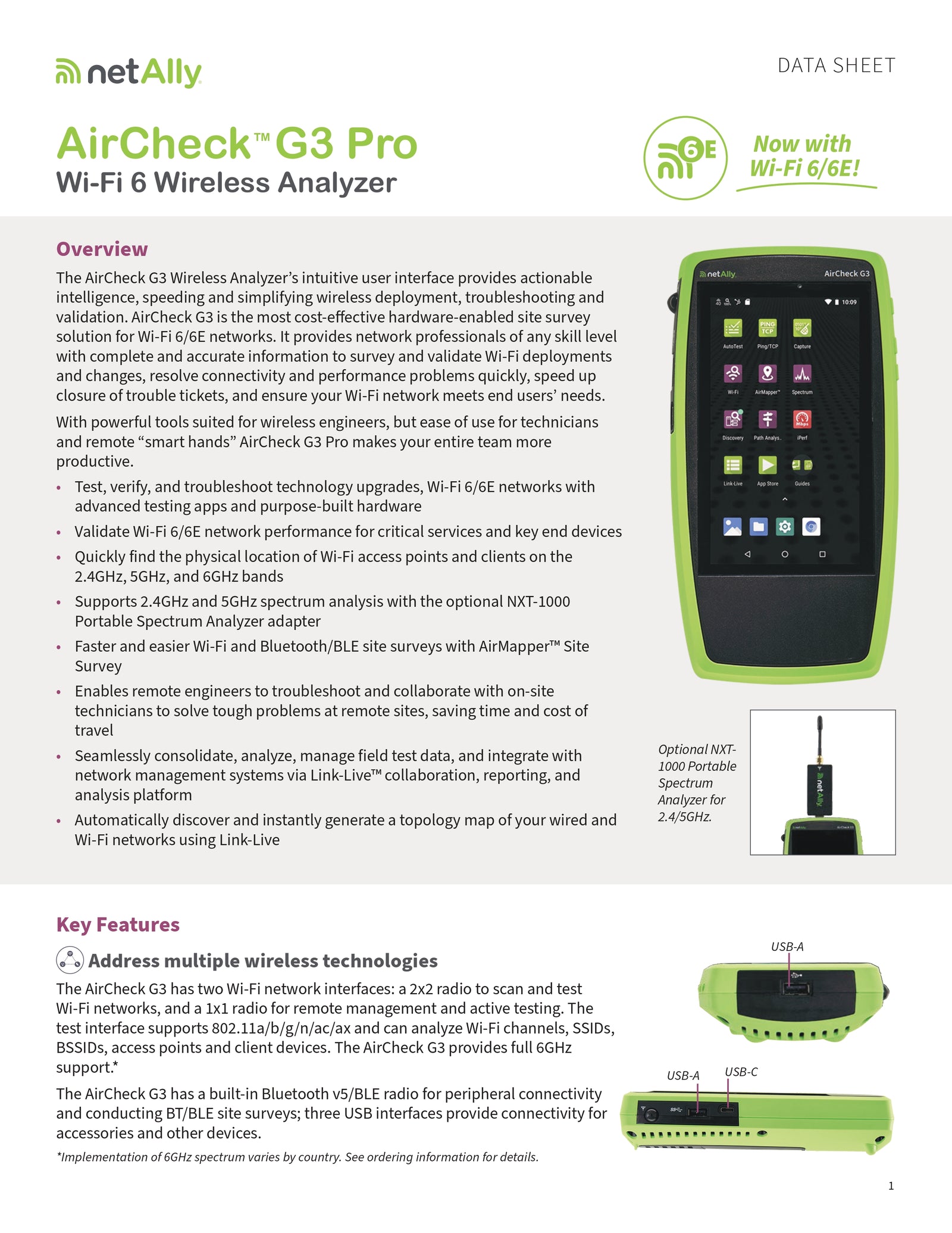 NetAlly AirCheck G3 Pro Wi-Fi 6/6E Wireless Analyzer with 7" Touchscre