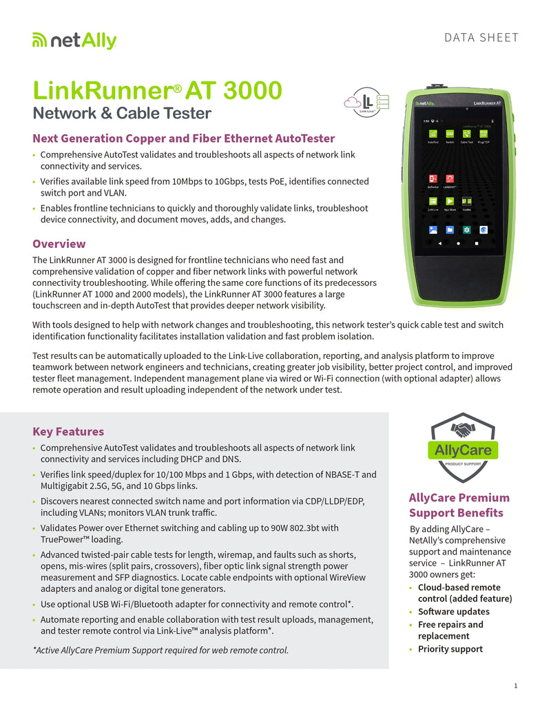 NetAlly LinkRunner AT 3000 Network & Cable Tester, Copper/Fiber, 10G A