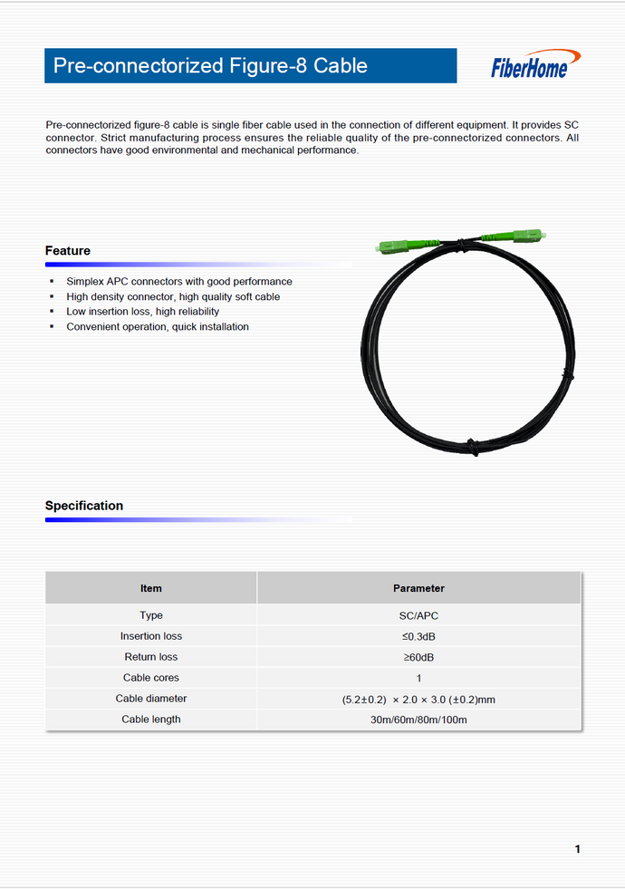 FiberHome Pre-Connectorized Figure-8 FTTH Drop Cable – SC/APC, G657A2 ...