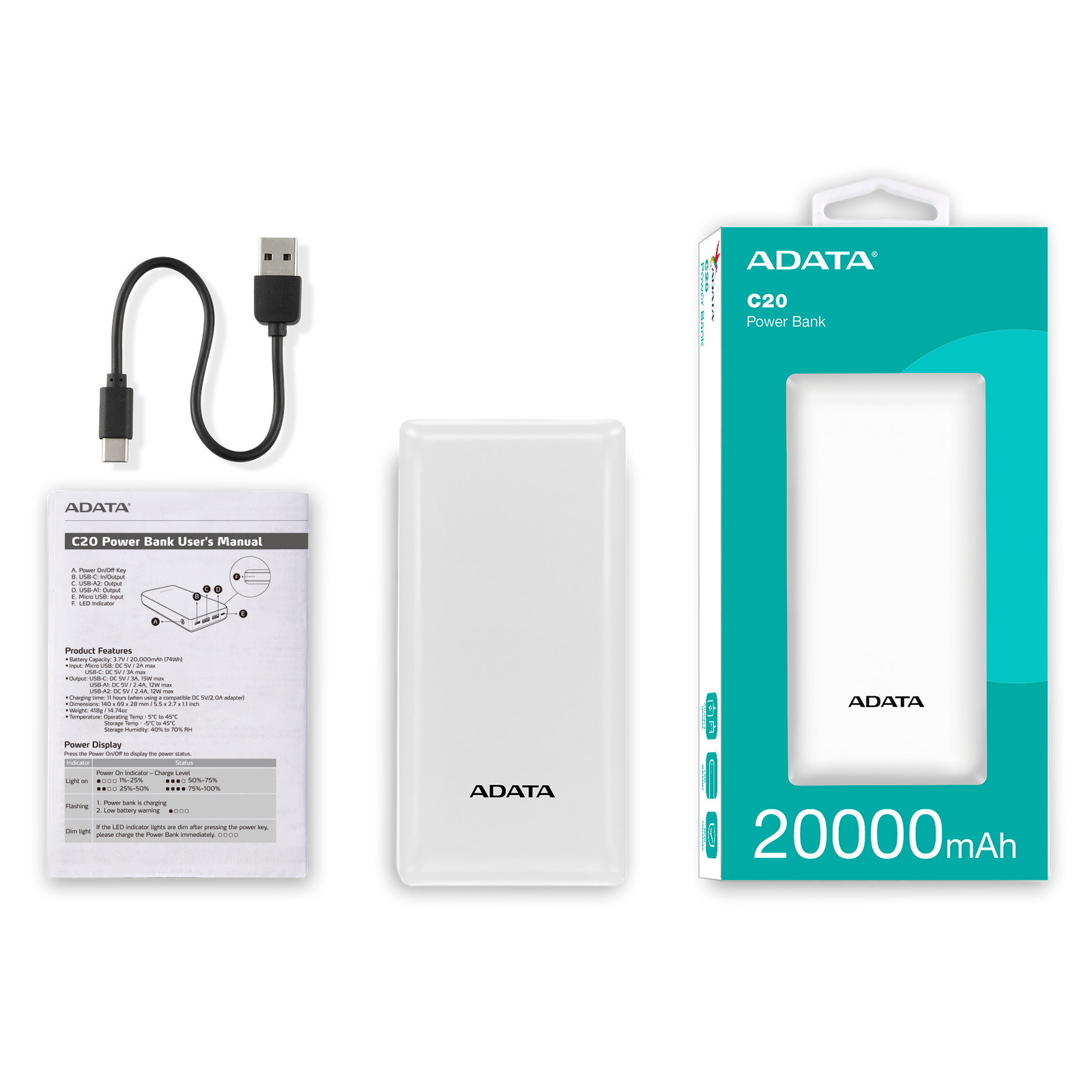 ADATA C20 Power Bank 20000 mAh Robust Power for 3-Device Charging
