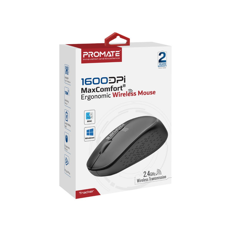 Promate 1600DPI MaxComfort Ergonomic 2.4G Wireless Mouse - Tracker