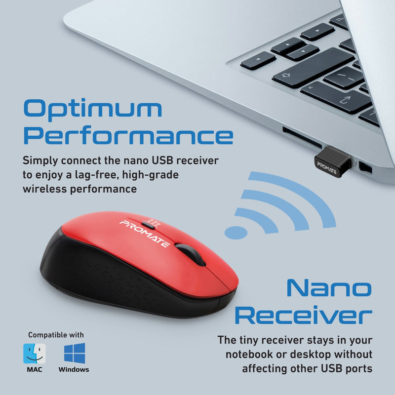 Promate 1600DPI MaxComfort Ergonomic 2.4G Wireless Mouse - Tracker